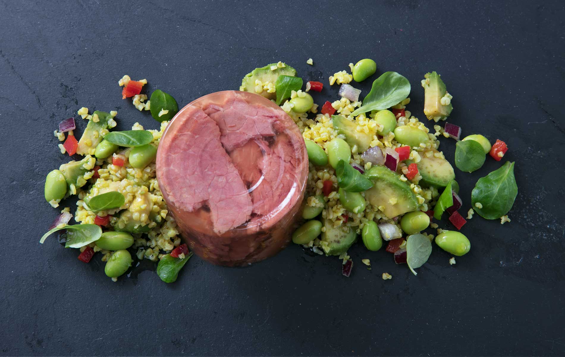 Simmenthal mit grünen Bohnen, Avocado und Mausohrsalat - Simmenthal